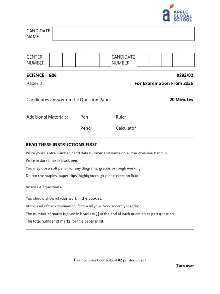 Sci G6 Mock MT-1 Paper-2 QP Final | PDF