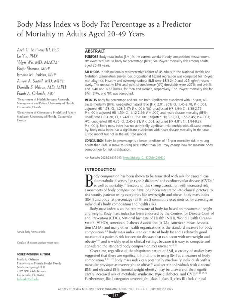 BMI vs Body Fat: Mortality Risk in Adults | PDF | Body Mass Index | Obesity