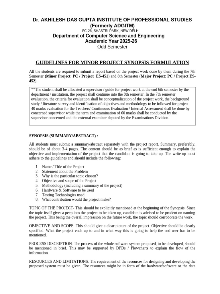 Minor Project Synopsis Guidelines Aug 2025 | PDF | Abstract (Summary) | Evaluation