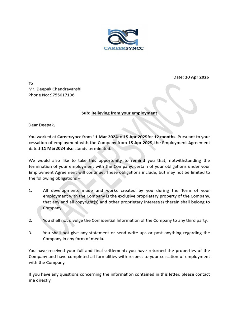 Deepak Reliving Letter | PDF