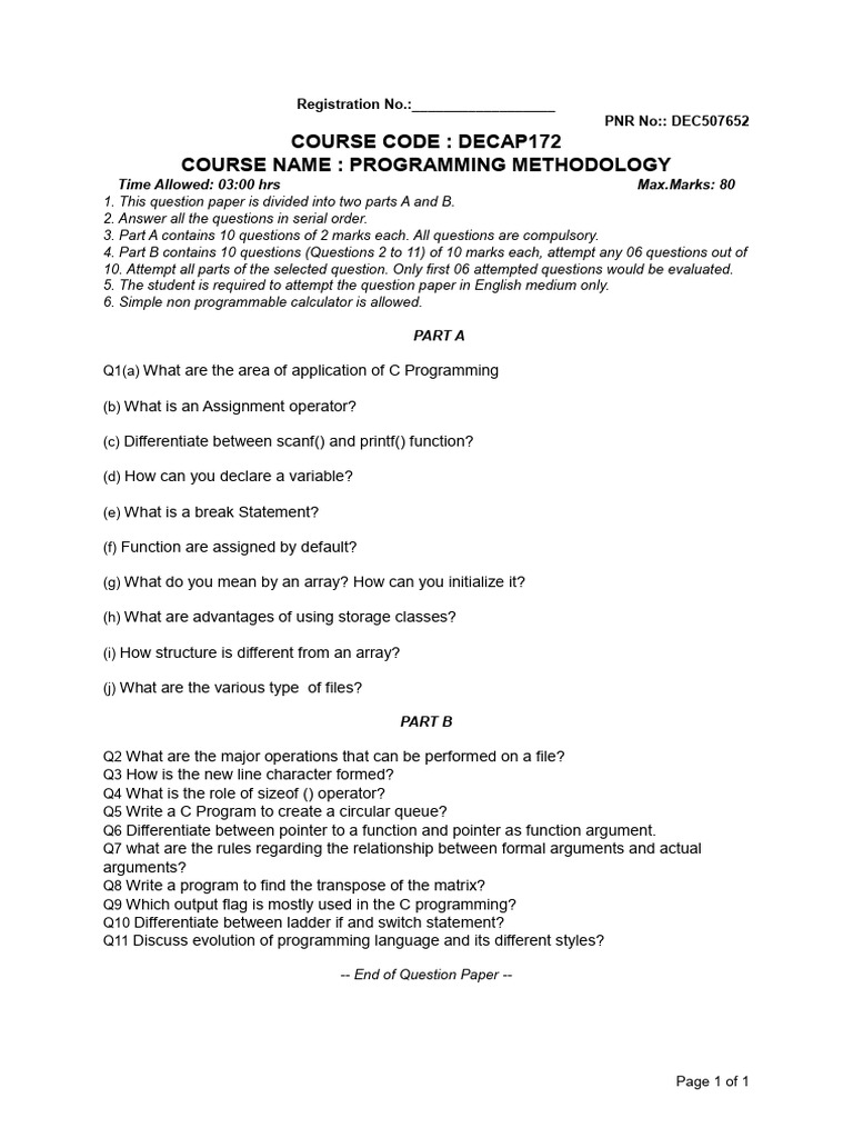 Course Code: Decap172 Course Name: Programming Methodology | PDF