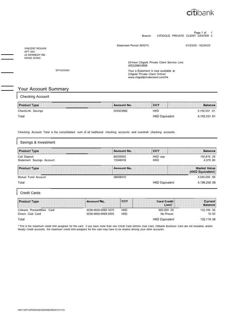 Citigold Account Summary - HKD Transactions | PDF | Citibank ...