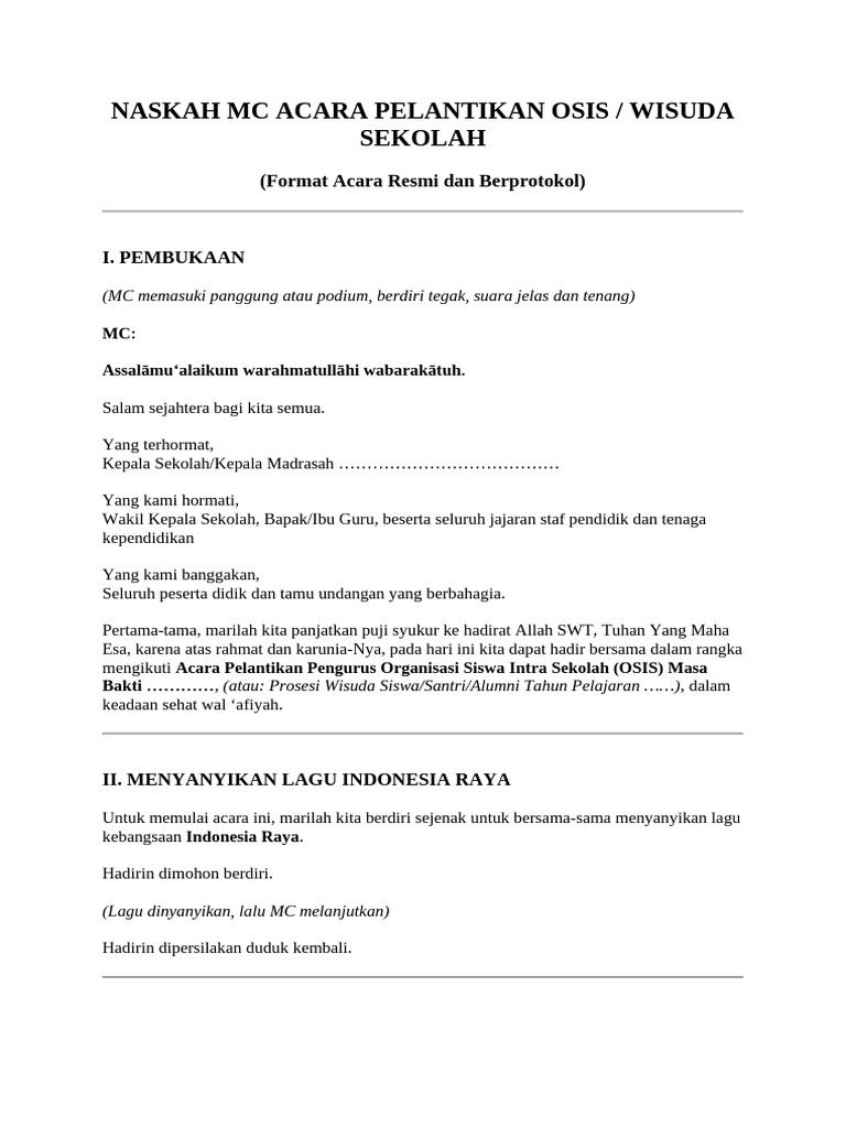 Contoh Naskah MC Acara Pelantikan Osis | PDF