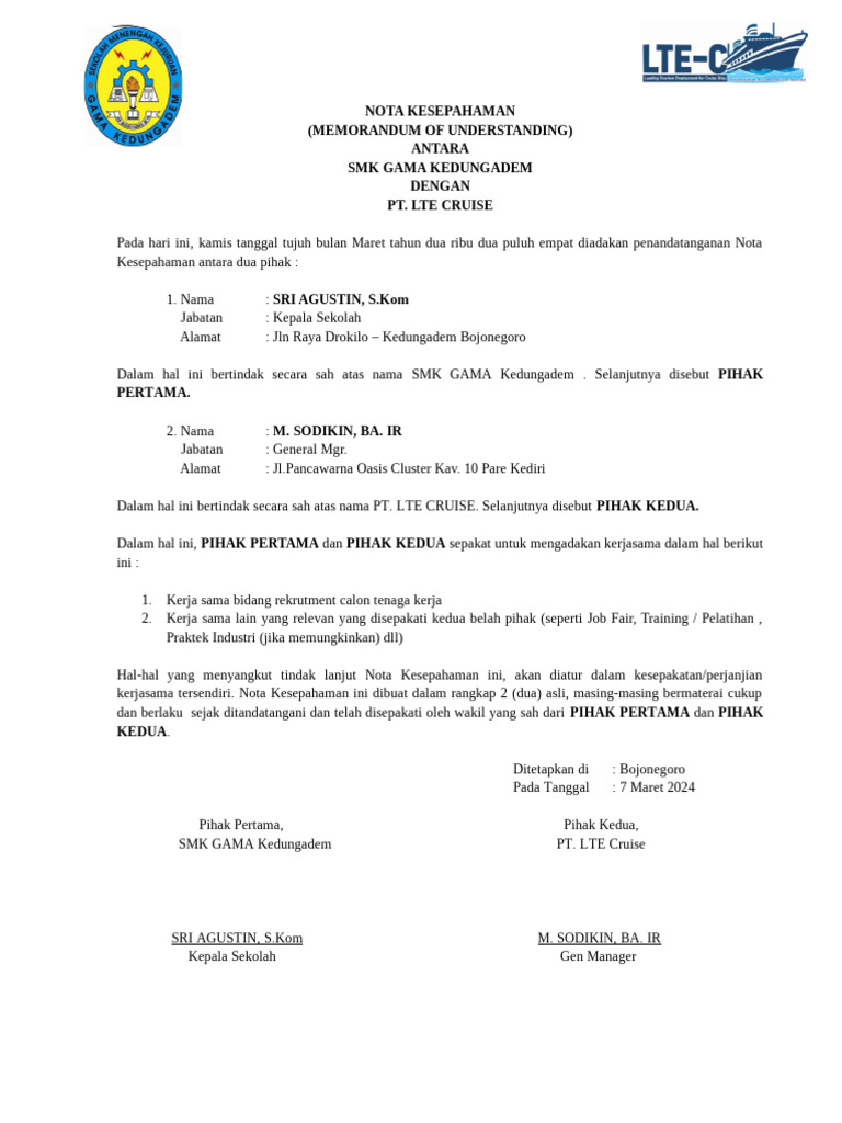 Nota Kesepahaman SMK GAMA dan PT LTE | PDF