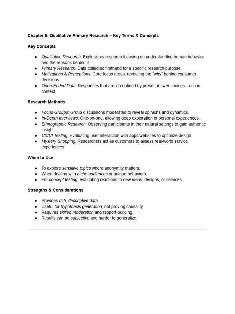 Chapter 5 - Qualitative Primary Research - Key Terms & Concepts | PDF
