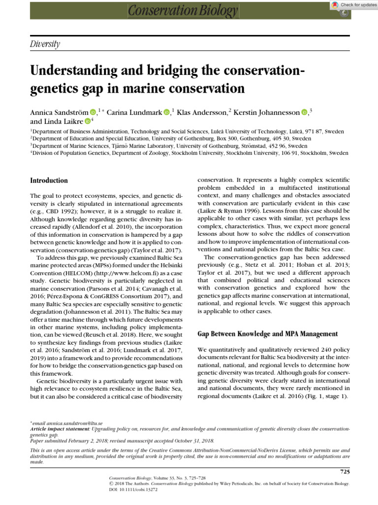 Conservation Biology - 2018 - Sandström - Understanding and Bridging The Conservation Genetics ...