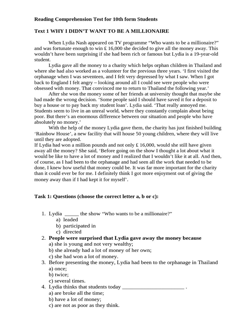 10th Grade Reading Comprehension Test | PDF