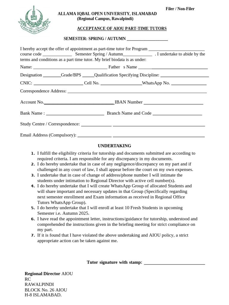 AIOU Part-Time Tutor Acceptance Form | PDF
