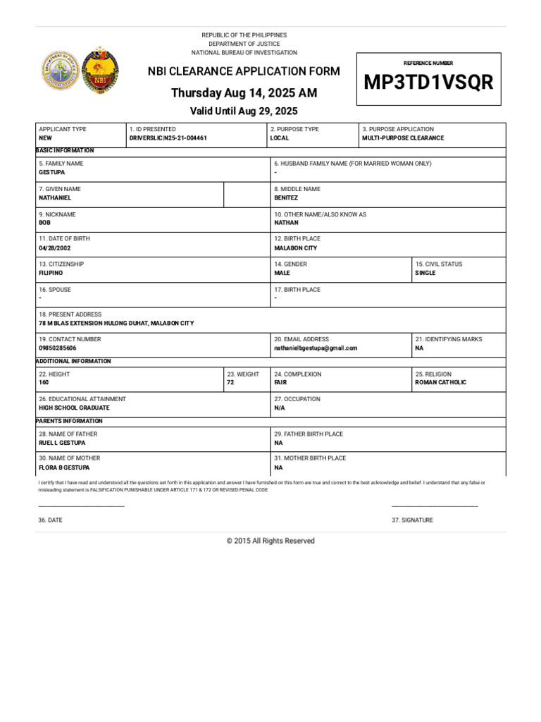 NBI Clearance Application Sample | PDF | Justice | Crime & Violence