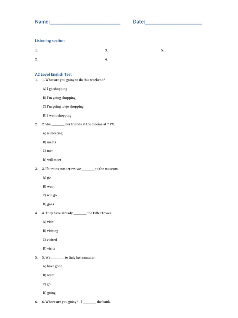 A2 Level English Test | PDF