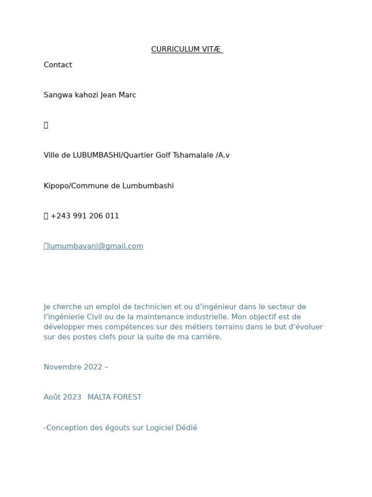 CV de Sangwa Kahozi Jean Marc | PDF