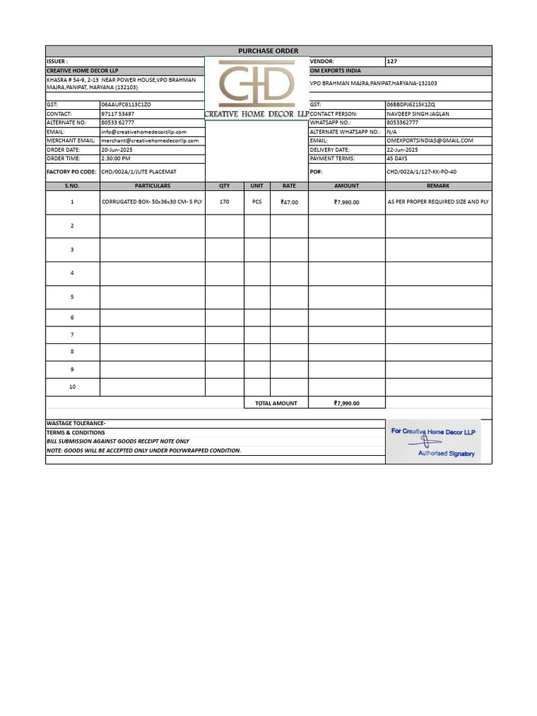 Purchase Order for Creative Home Decor | PDF