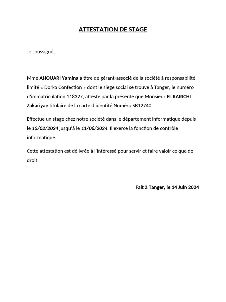 Attestation de Stage en Informatique | PDF