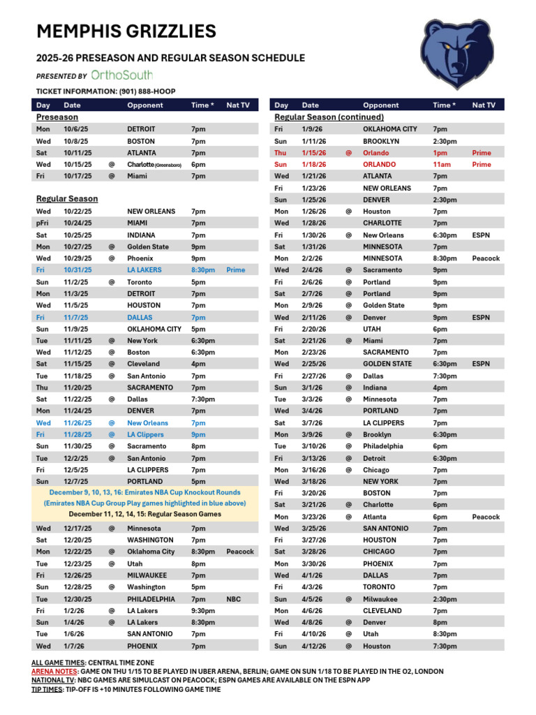 Memphis Grizzlies 2025-26 Schedule | PDF | National Basketball Association | Basketball Teams