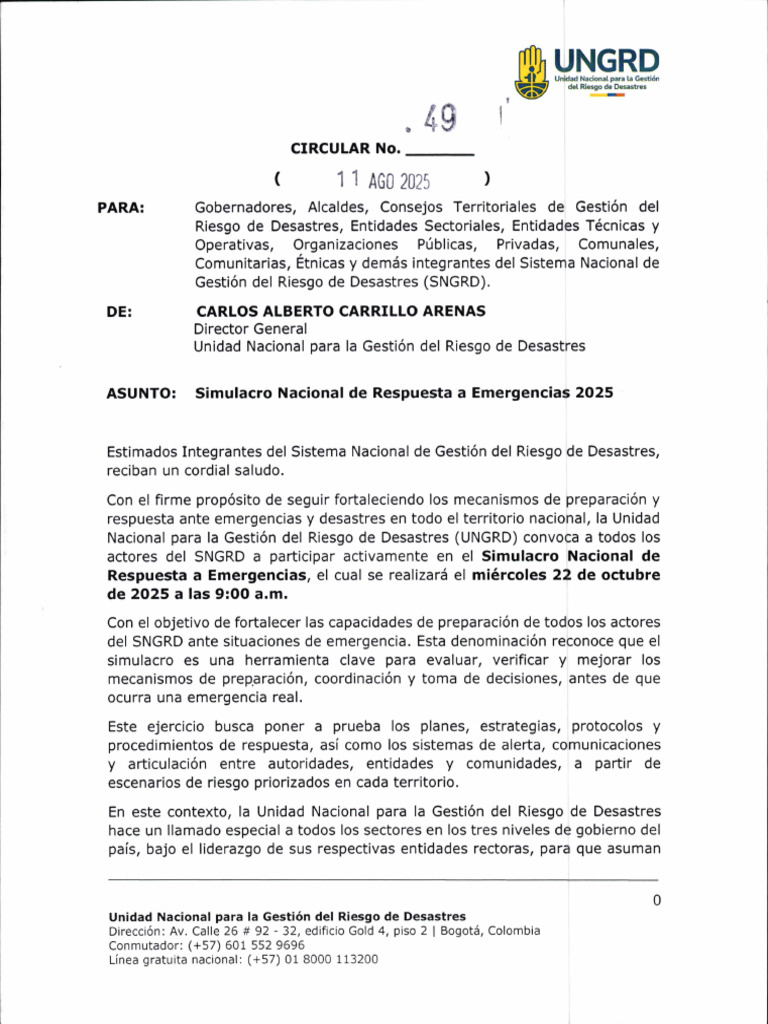 Circular 049 de 11 de Agosto de 2025 | PDF | Colombia | Reducción de Desastres