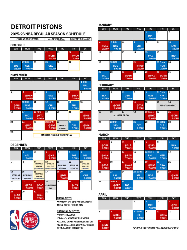 Detroit Pistons 2025-26 Schedule | PDF | Los Angeles Lakers | Team Sports