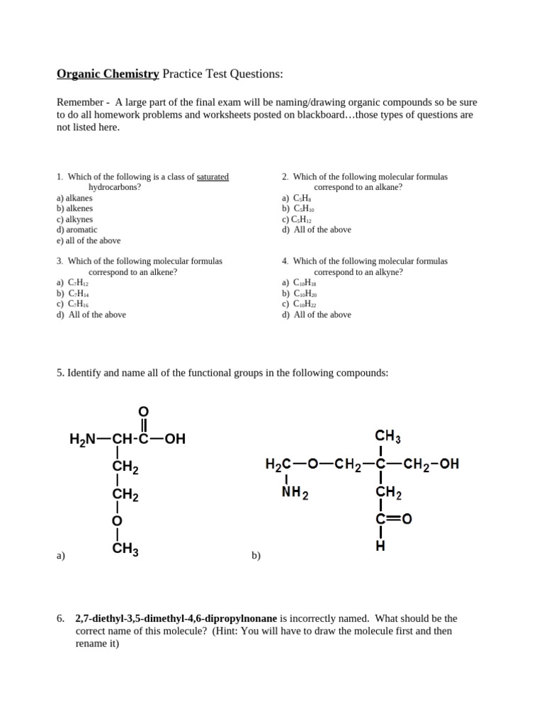 Practice Test Questions For Organic Chem | PDF