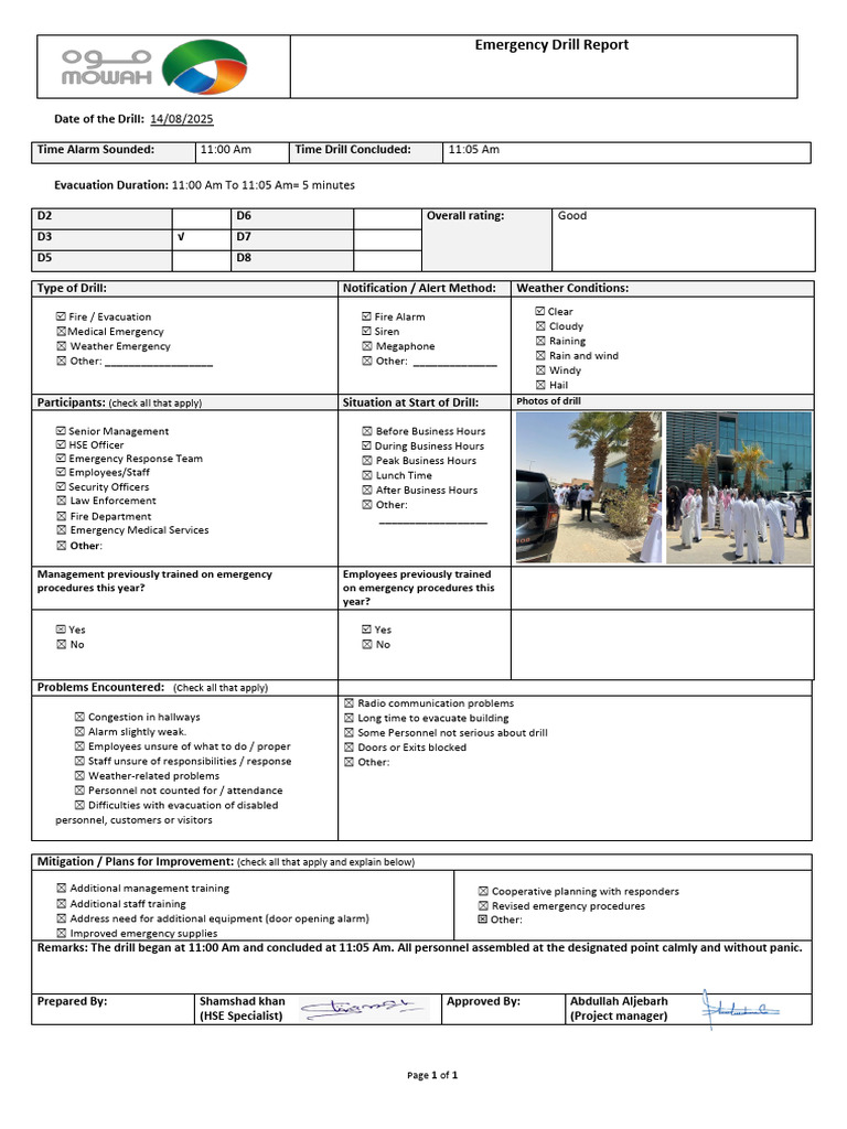 Emergency Drill Report 14 08 2025 Signed | PDF | Public Safety | Safety