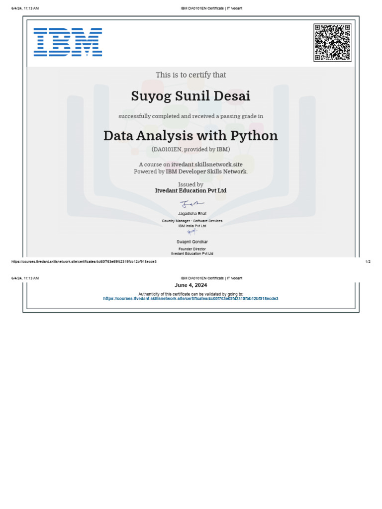 IBM DA0101EN Certificate - IT Vedant | PDF