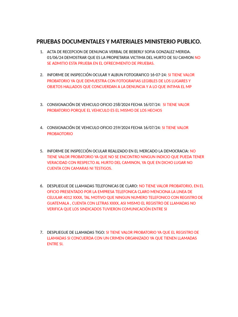 Pruebas Documentales y Materiales Ministerio Publico | PDF