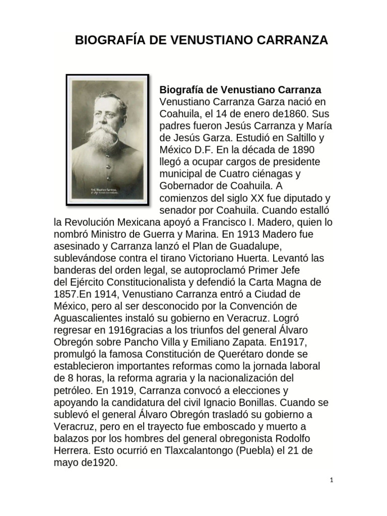 Biografía de Venustiano Carranza | PDF | México | Politica de mexico
