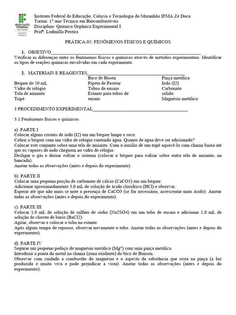 Aula Pratica 05 - Fenômenos Físicos e Químicos | PDF | Química | Ácido clorídrico