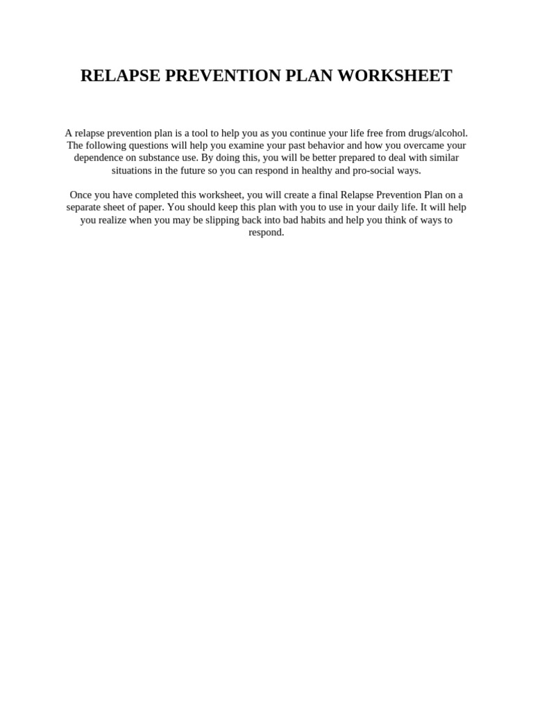 Relapse Prevention Plan Worksheet | PDF | Relapse | Substance Abuse