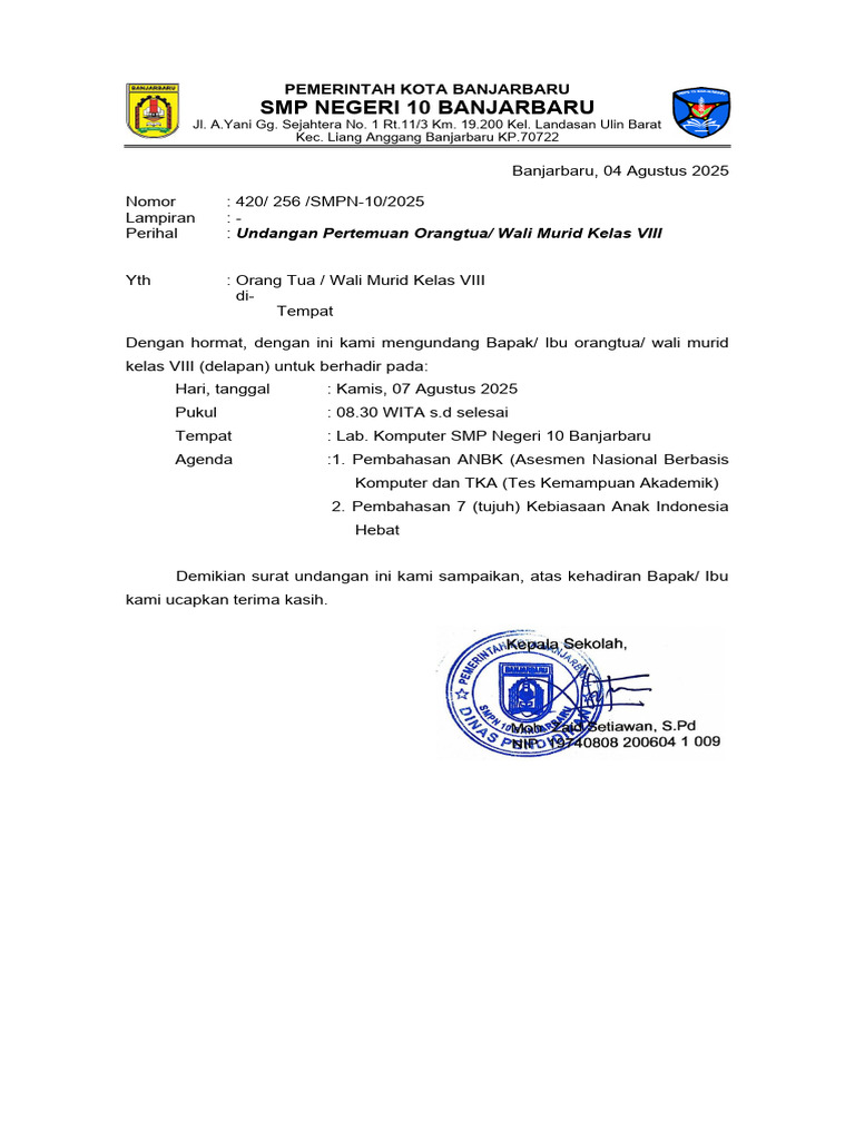 Undangan Orangtua Kelas 8 Kamis 7 Agt | PDF