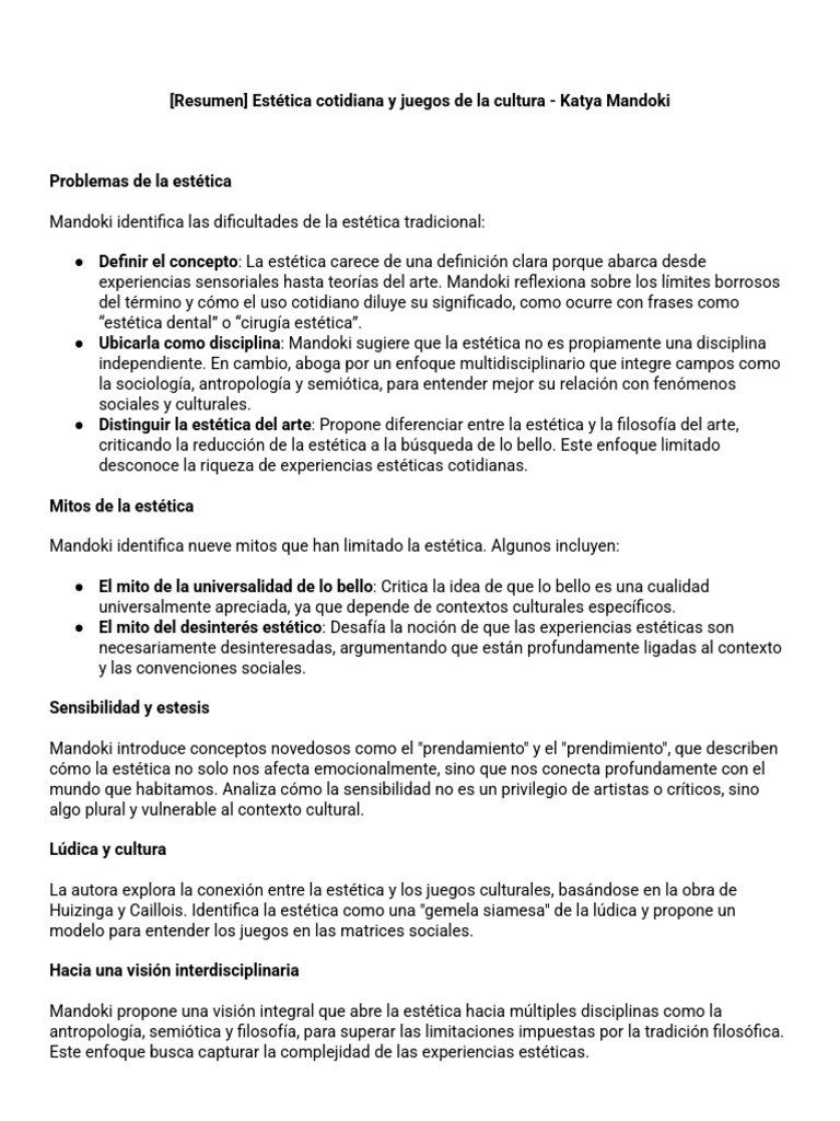 (Resumen) Estética Cotidiana y Juegos de La Cultura - Katya Mandoki | PDF | Estética | Educación ...