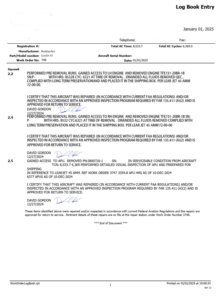 TFE731-20BR-1B Engine Removal Log | PDF | Aerospace | Transport