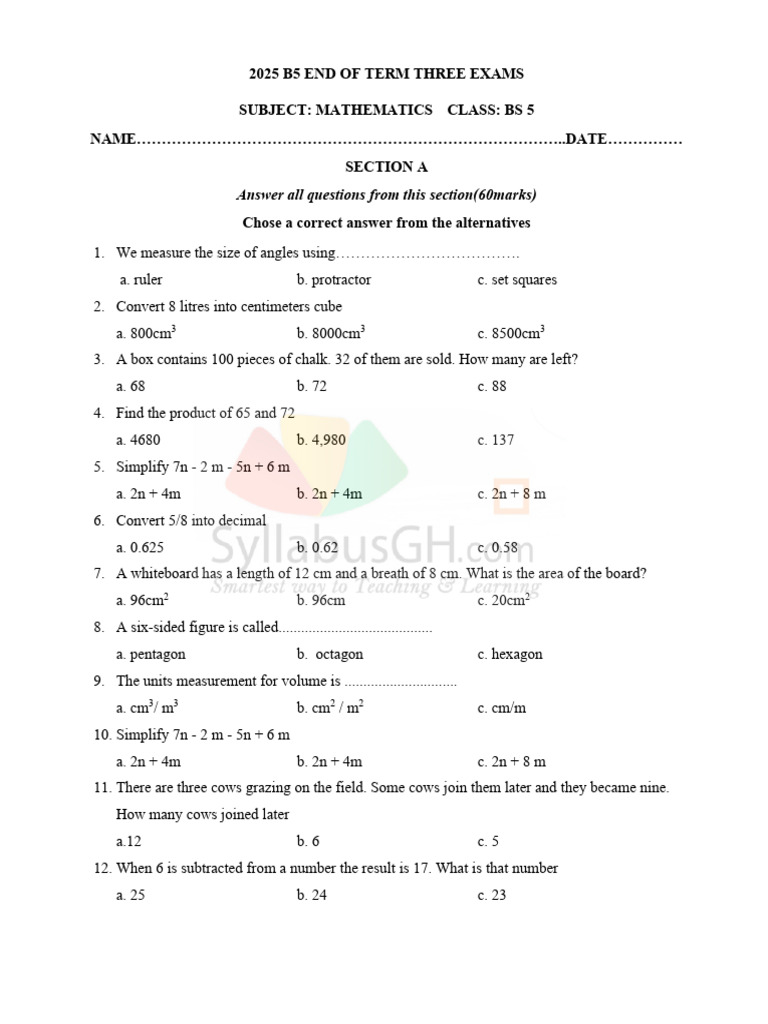 2025 b5 End of Term 3 Exams - Maths | PDF | Elementary Geometry ...