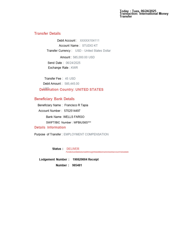 Bank of America Transfer Receipt | PDF