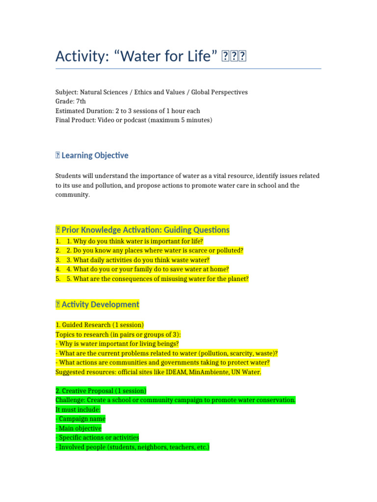Activity Water For Life Grade 7 With Rubric | PDF | Creativity | Cognition