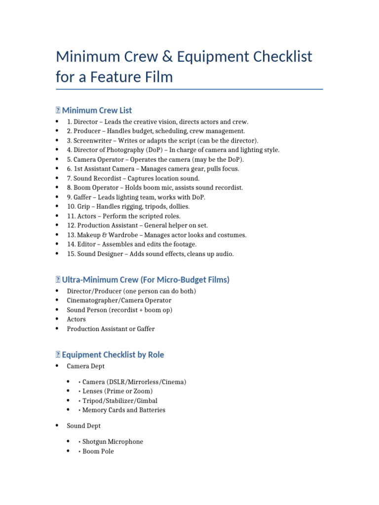 Crew & Equipment Checklist for Filmmaking | PDF