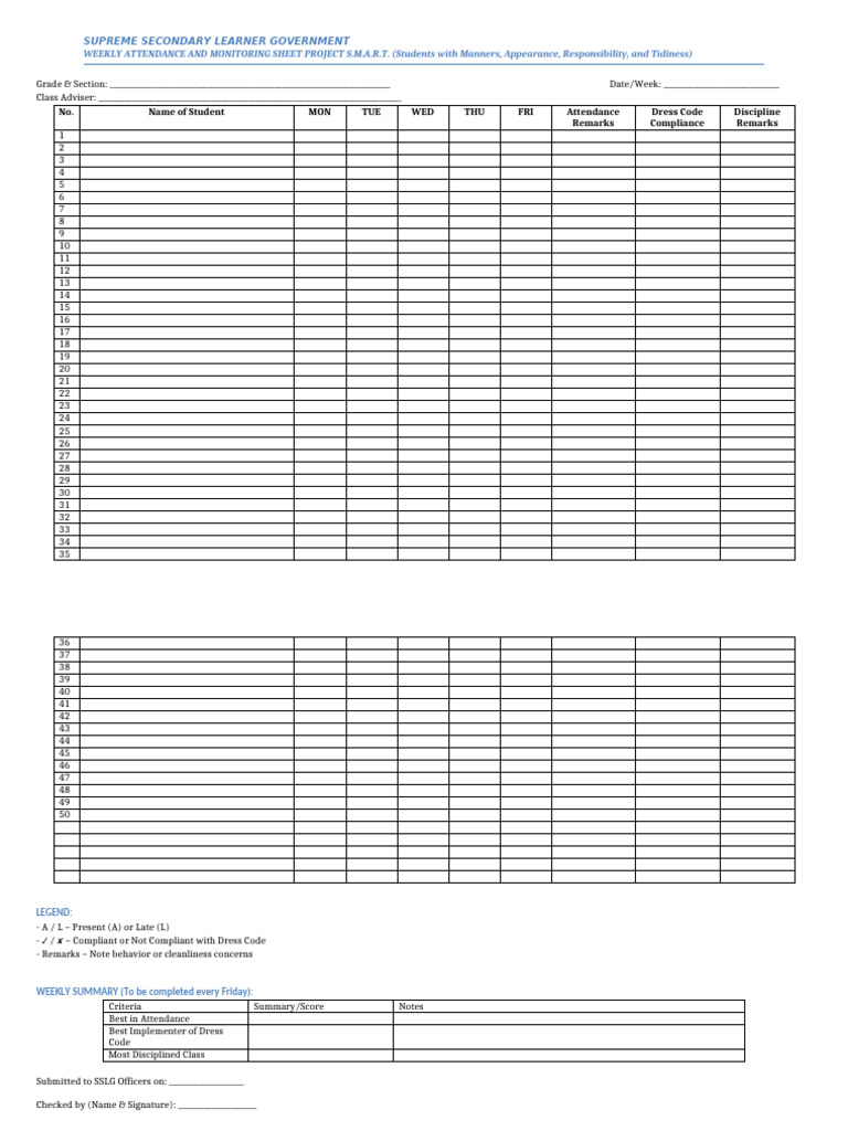 Weekly Attendance Monitoring Sheet | PDF