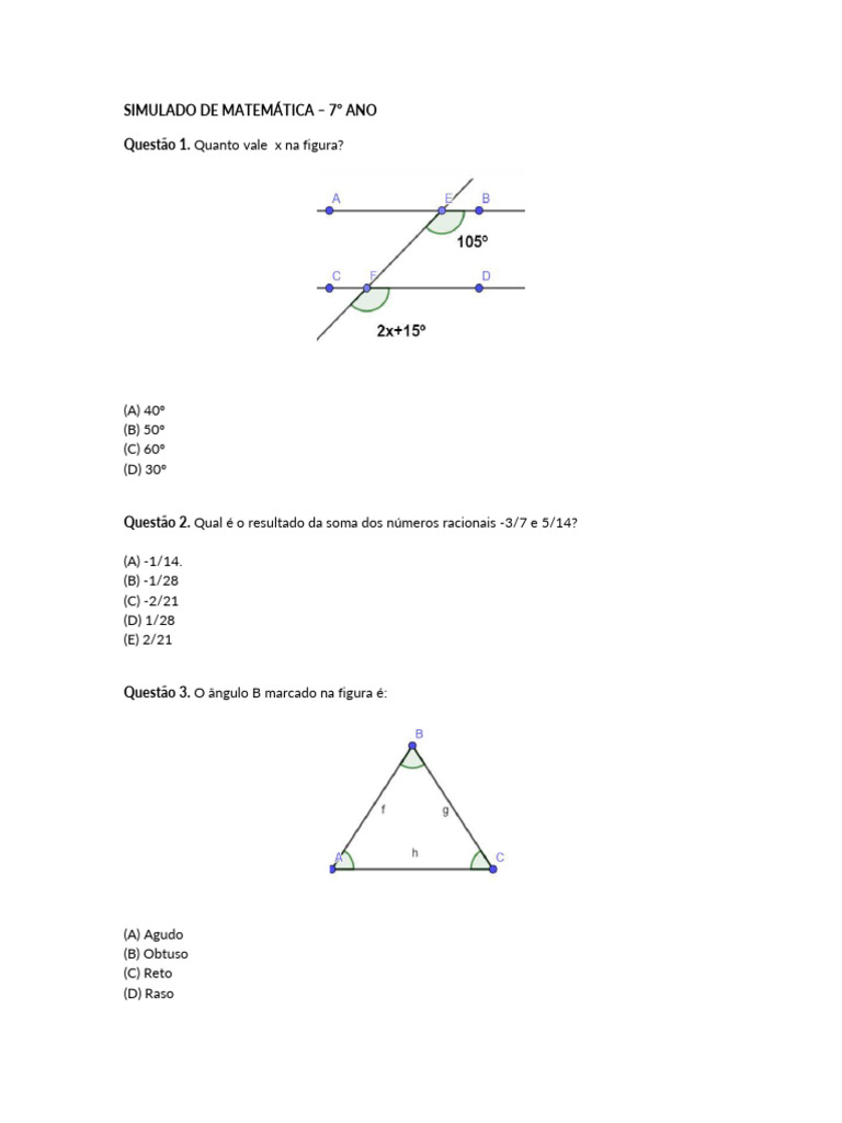 Simulado de Matemática 7 Ano Provecto | PDF | Ângulo