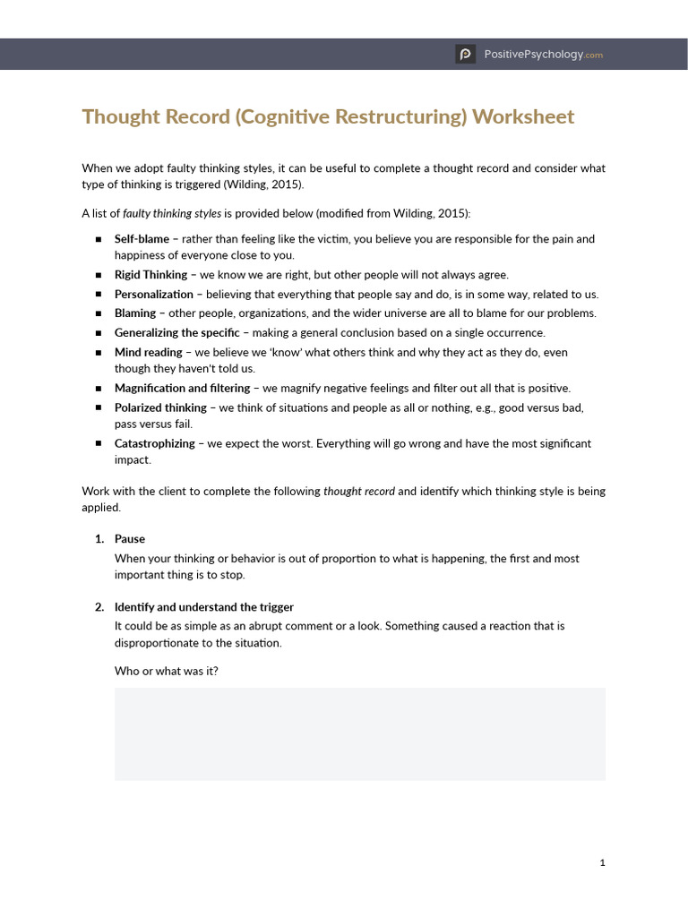 Thought Record Cognitive Restructuring Worksheet | PDF | Thought | Emotions