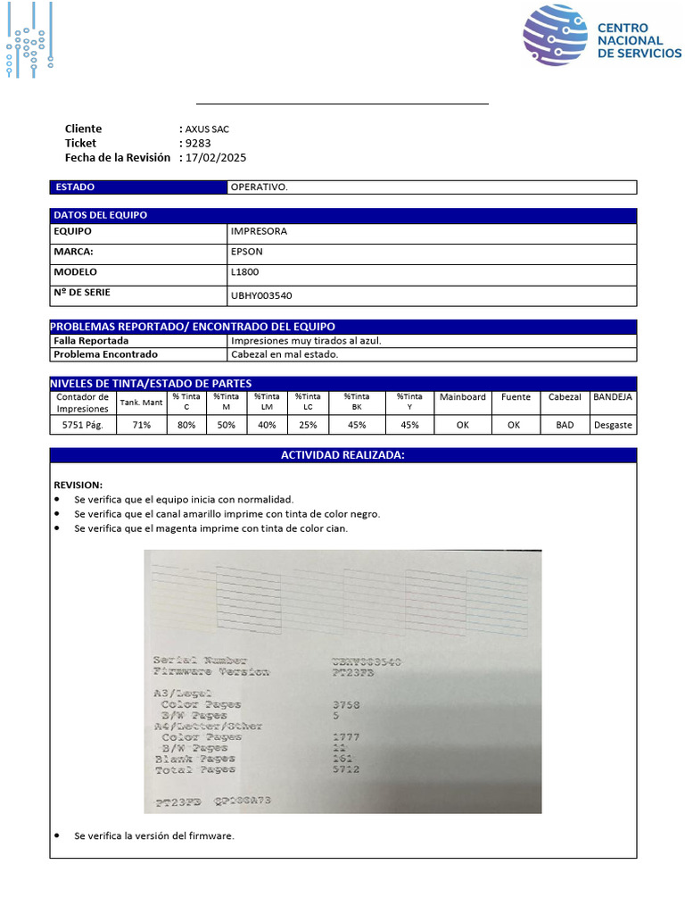Informe Tecnico Aranda 9283-2 | PDF | Impresora (Computación) | Color