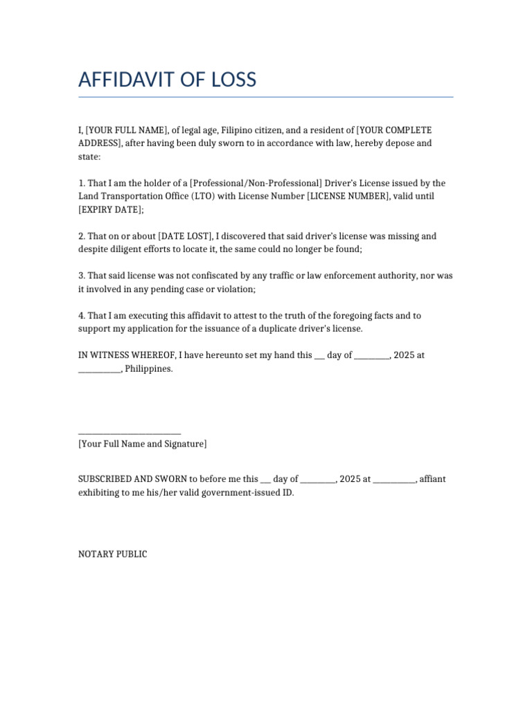 Affidavit of Loss LTO Template | PDF