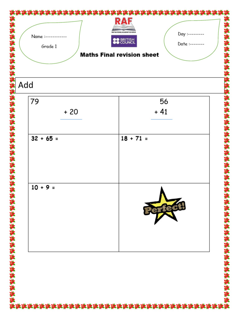 Maths First Grade Revision Sheet | PDF