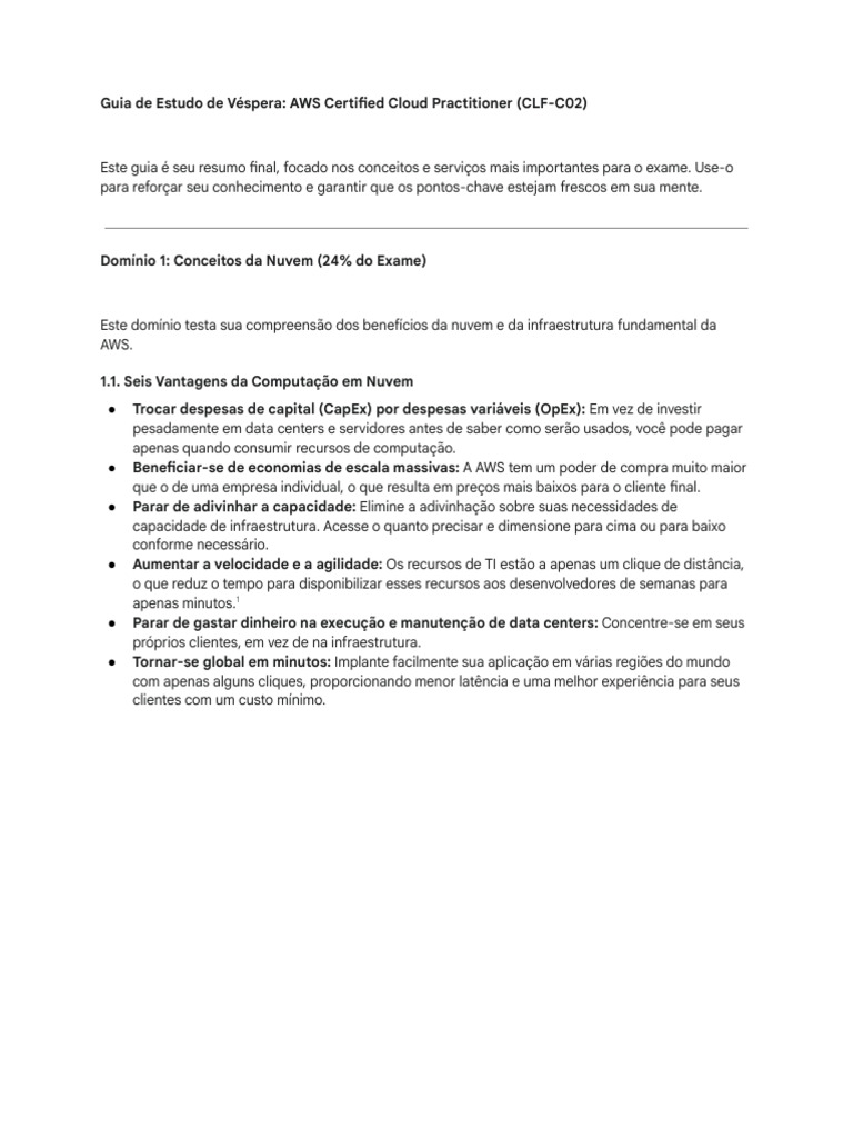 Guia de Estudo de Véspera - AWS Cloud Practitioner (CLF-C02) | PDF ...