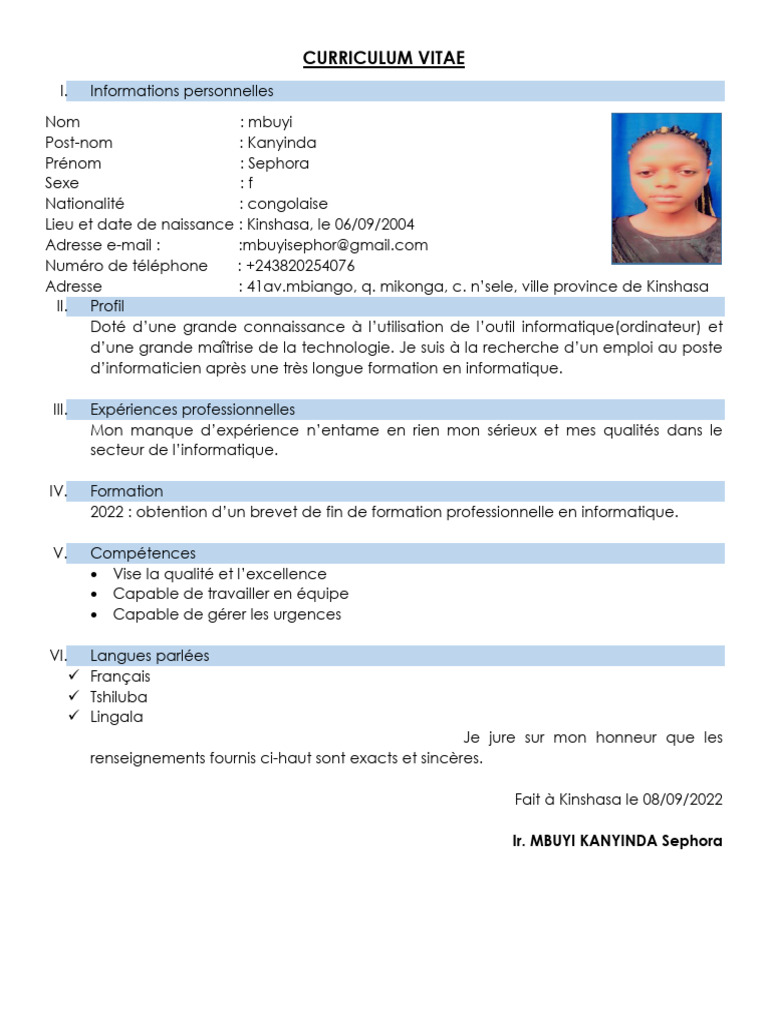 CV de Sephora Mbuyi à Kinshasa | PDF