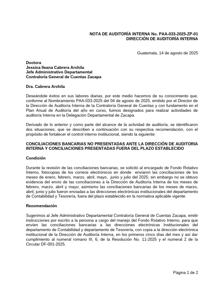 Nota de Auditoría Interna No. Paa-033-2025-Iz-01 | PDF | Auditoría ...