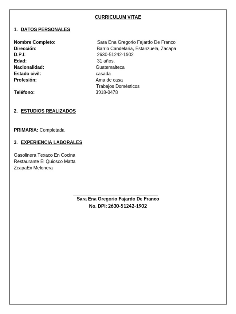 CURRICULUM Sara Ena Gregorio Fajardo de Franco | PDF