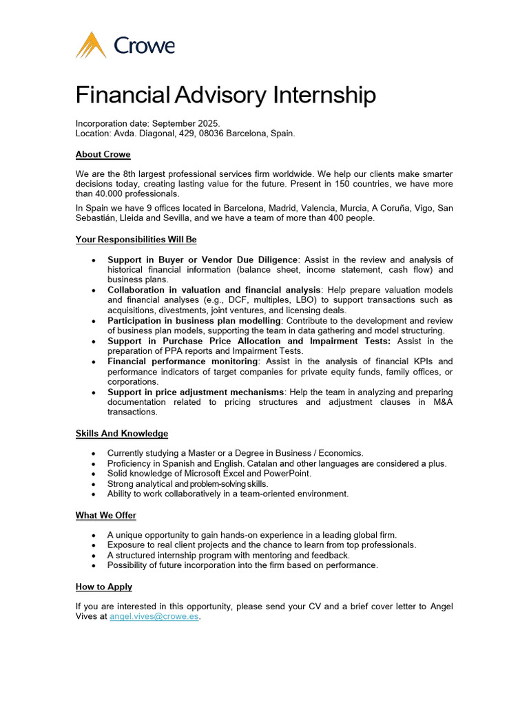 Financial Advisory Internship I Crowe Spain (Barcelona) | PDF | Mergers ...