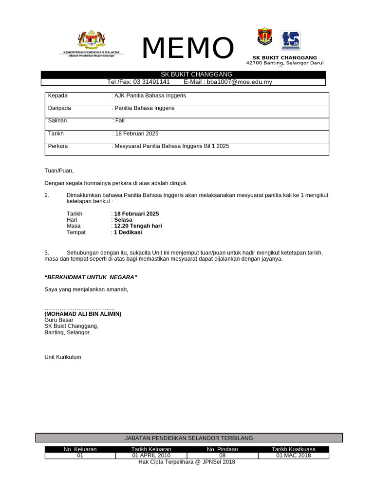Memo Mesyuarat Panitia Bi | PDF