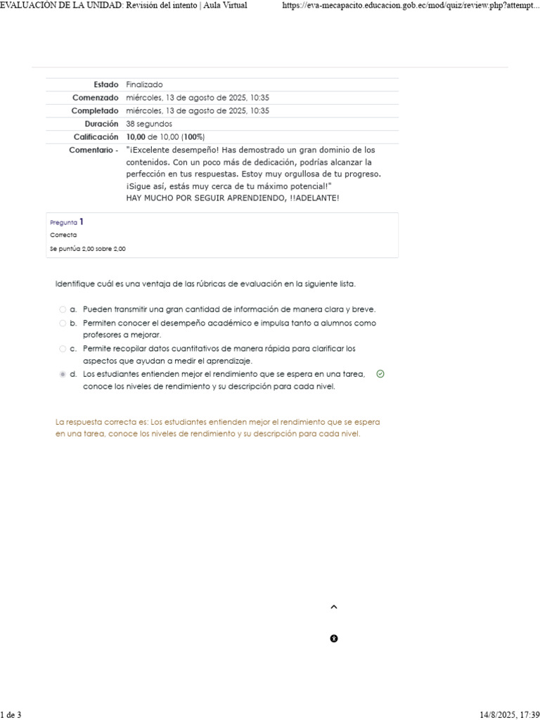 EVALUACIÓN DE LA UNIDAD MODULO 2 UNIDAD 1 - Revisión Del Intento - Aula Virtual | PDF | Rúbrica ...