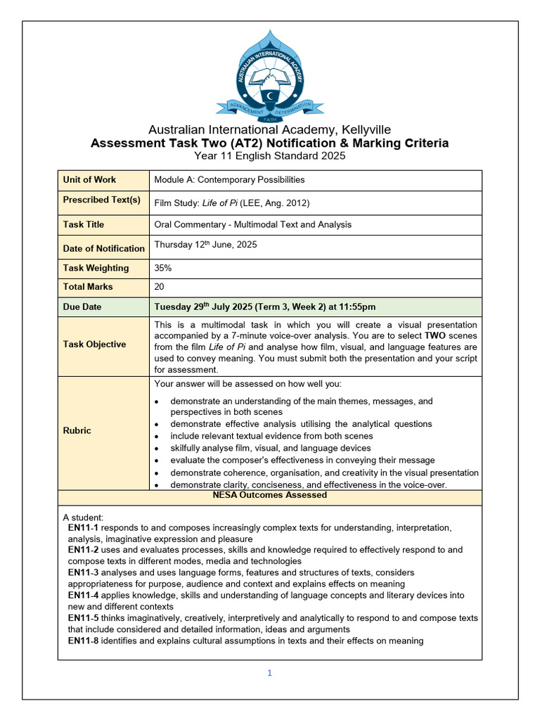 2025 Year 11 English Standard Assessment Task 2 - Notification and ...
