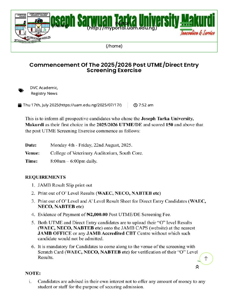 JOSTUM 2025/2026 Post UTME Registration | PDF