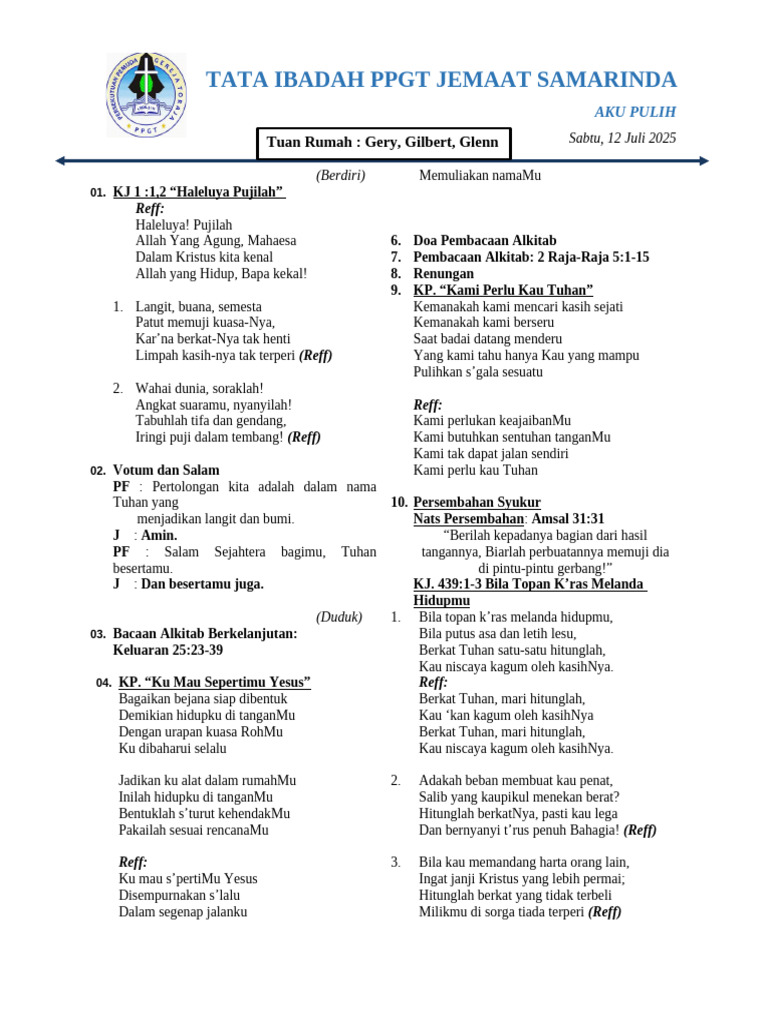 Liturgi Ibadah PPGT 12 Juli 2025 | PDF